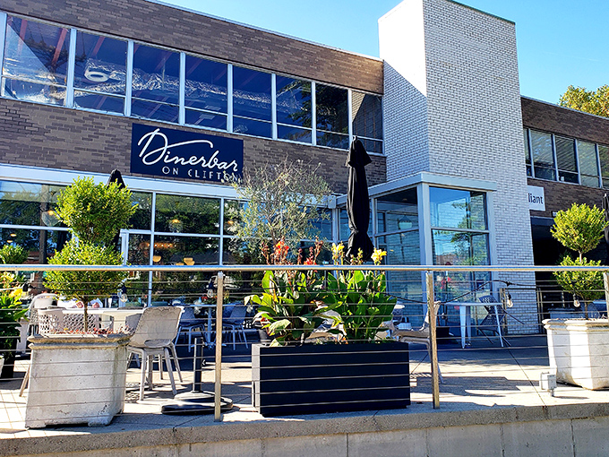 Modern meets nostalgic at Dinerbar on Clifton's striking exterior. The inviting patio practically begs you to settle in for an afternoon of people-watching and risotto ball sampling.