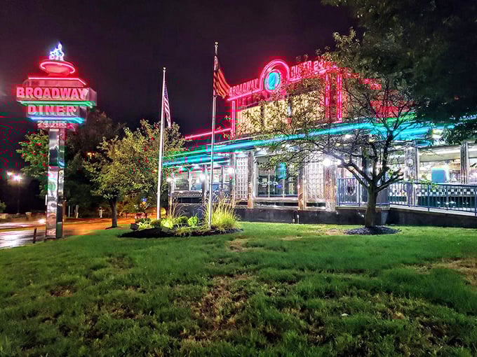 The neon-drenched exterior of Broadway Diner glows like a beacon for breakfast enthusiasts, a chrome-and-light show that would make Vegas jealous.