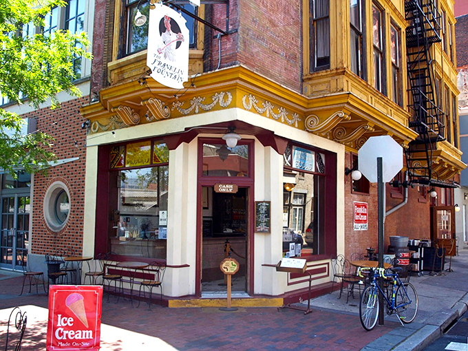 The corner time machine beckons with its vintage charm. This brick beauty in Philadelphia's Old City neighborhood promises sweet nostalgia with every scoop.