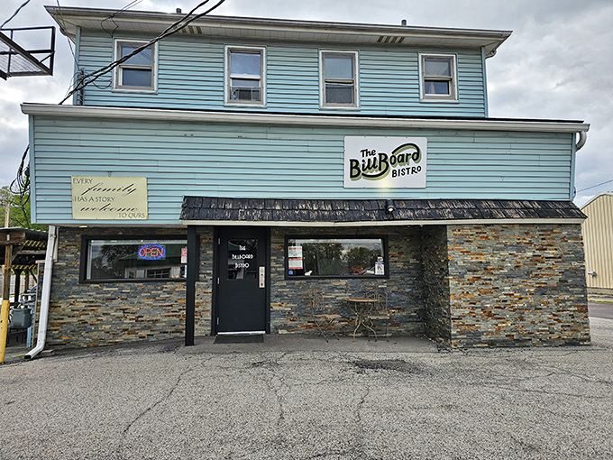 The unassuming blue exterior of The BillBoard Bistro hides culinary treasures within, like a delicious secret waiting to be discovered.