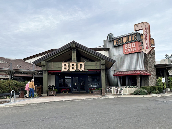 This rustic facade promises serious barbecue business &ndash; where corrugated metal meets carnivorous dreams in perfect harmony.