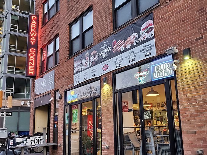 The glowing red "PARKWAY CORNER" sign beckons hungry Philadelphians like a lighthouse for sandwich seekers. Brick, beer, and beautiful food await.