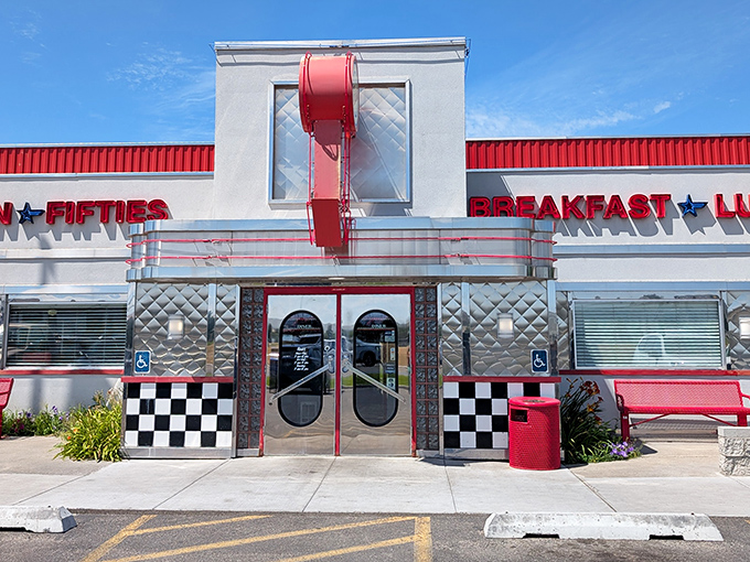 Step through these doors and time-travel to the golden age of American diners, complete with checkerboard accents and chrome that gleams with possibility.