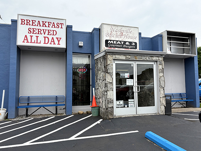 The blue exterior of Nashville Biscuit House promises "BREAKFAST SERVED ALL DAY" &ndash; six words that should be on every city's welcome sign.