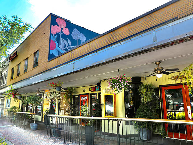 The entrance to The TOP is a botanical wonderland, where hanging plants create a lush welcome that whispers, "Yes, we have a green thumb for both plants and flavors."