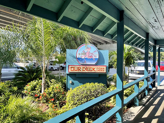 The turquoise welcome sign says it all &ndash; this isn't just seafood, it's an under-bridge adventure waiting to happen.