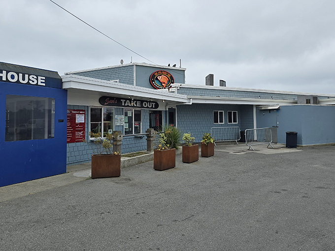 The blue facade of Sam's Chowder House stands like a maritime beacon, promising seafood salvation to hungry coastal travelers.
