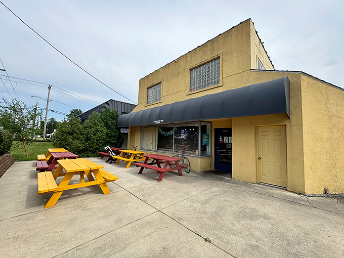The humble yellow exterior with bright picnic tables says it all: extraordinary pizza doesn't need fancy digs to shine.