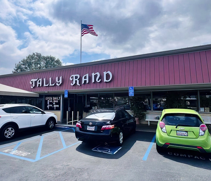 The burgundy facade of Tallyrand stands proudly under California skies, an unassuming temple to breakfast that's been drawing locals for generations.
