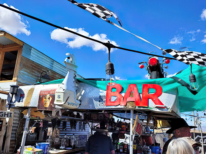 Checkered flags and desert skies welcome hungry travelers to this roadside oasis. The BAR sign isn't lying &ndash; expectations will definitely be raised.