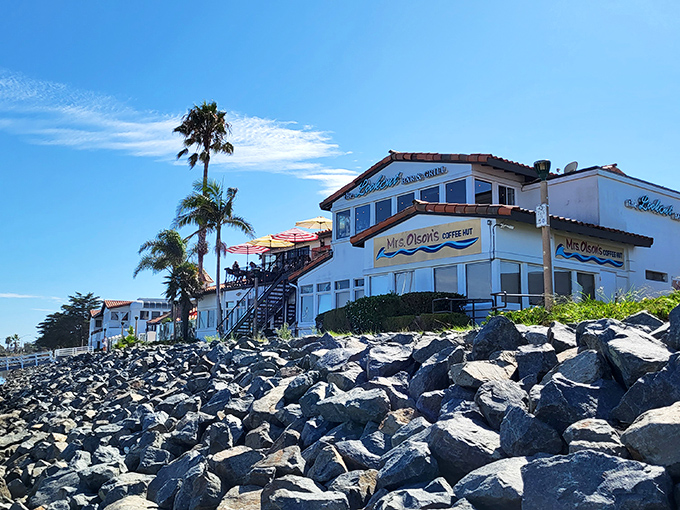 Perched on rocky shores like California's answer to a Mediterranean villa, Mrs. Olson's promises breakfast with a side of crashing waves.