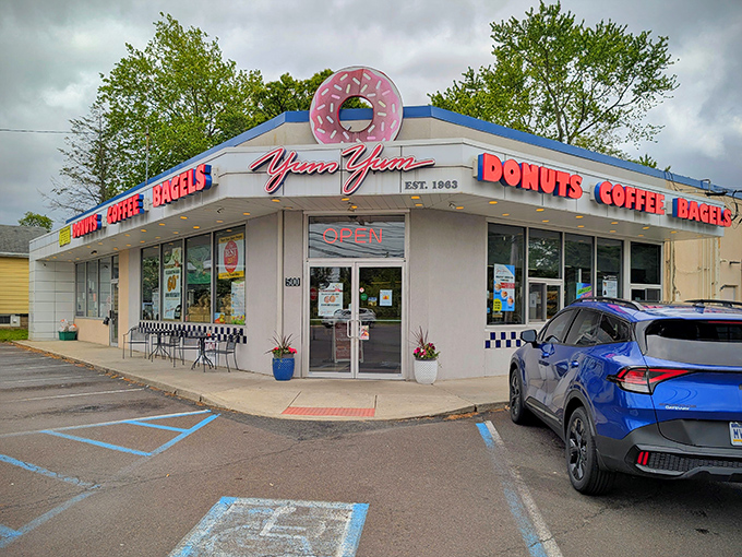 That iconic donut sign isn't just decoration &ndash; it's a beacon calling hungry souls to breakfast paradise.