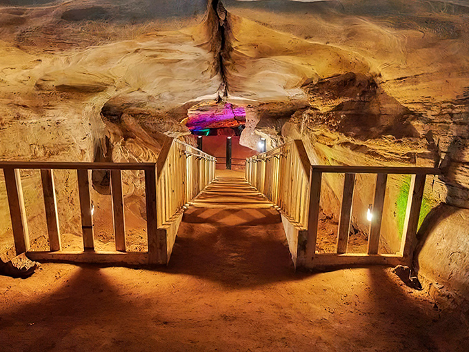 The psychedelic light show inside Laurel Caverns transforms ancient sandstone into nature's own art gallery. Mother Earth showing off her interior decorating skills.
