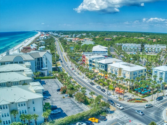 Where the emerald meets the ivory: Scenic Highway 30A stretches like a ribbon between the Gulf's impossible blue-green waters and Florida's pristine white beaches.