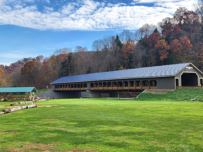 The Spellacy Covered Bridge stands proudly against Ohio's blue sky, like a wooden time machine connecting past and present travelers through Mohican Country.