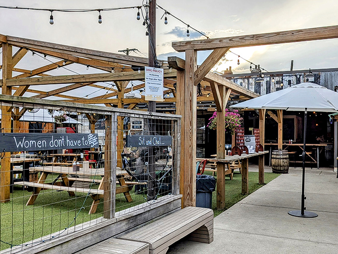 The outdoor dining area at Walter's combines rustic charm with Pittsburgh practicality&mdash;string lights overhead turn ordinary picnic tables into the perfect spot for carnivorous communion.
