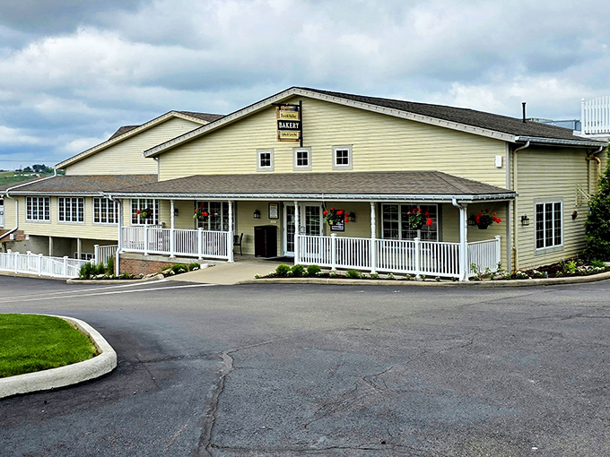 From this angle, you can almost smell the homemade bread baking inside. The restaurant's classic farmhouse design sets the perfect tone.