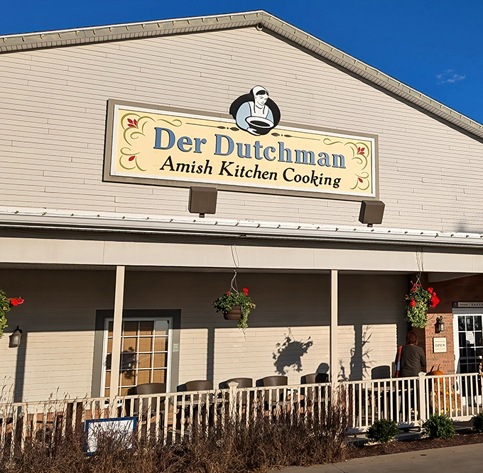 The welcoming facade of Der Dutchman promises Amish Kitchen Cooking that's worth the drive to Walnut Creek. Those hanging flower baskets aren't just for show!