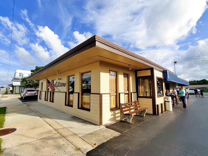 The unassuming exterior of O'Steen's stands like a humble guardian of seafood secrets. No fancy frills, just the promise of Florida's finest catches inside.
