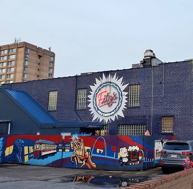 Fitz's iconic blue exterior stands out on Delmar Boulevard like a fizzy beacon, complete with vibrant murals celebrating St. Louis culture and that unmistakable sunburst logo.