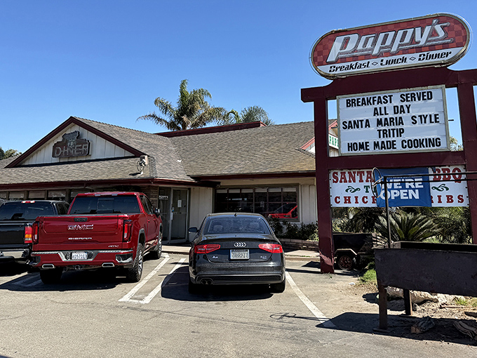 Pappy's iconic roadside sign promises three daily miracles: breakfast, lunch, and dinner. The palm trees are just California's way of saying "eat here."