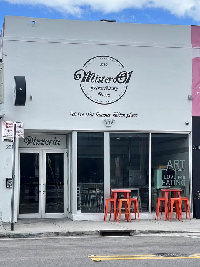 The unassuming storefront of Mister O1 in Wynwood might fool you, but those bright orange stools are practically waving you in like culinary crossing guards.
