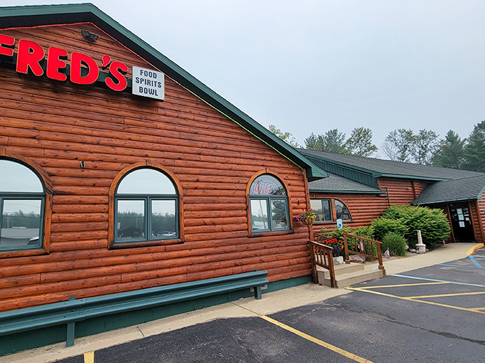 Fred's bright orange log cabin exterior stands out like a friendly beacon in the northwoods, practically shouting "Good food inside!" to hungry travelers passing by.