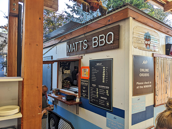 The humble blue and white cart that's sparked barbecue pilgrimages across Portland. Texas-style smoke meets Pacific Northwest passion.