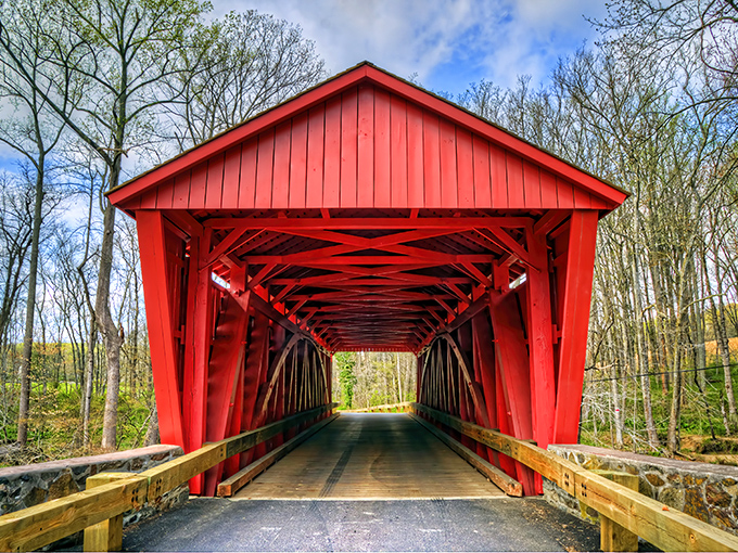 The crimson tunnel of the Jericho Covered Bridge beckons like a portal to simpler times, its wooden beams creating a mesmerizing geometric dance overhead.