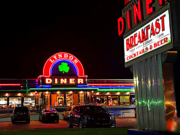 The Lyndon Diner's neon glow transforms into a beacon of hope for hungry travelers after dark. Breakfast served all day is the promise that keeps on giving.