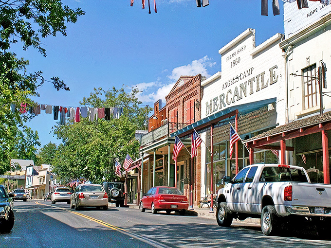 Historic storefronts line Main Street in Angels Camp, where the architecture hasn't changed much since prospectors traded gold dust for supplies.
