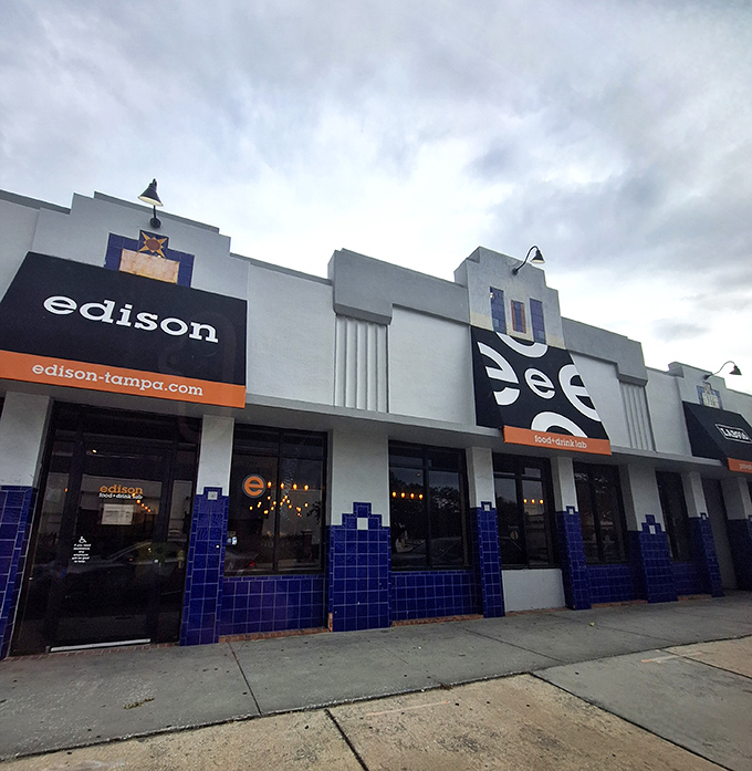 Edison's striking blue-tiled fa&ccedil;ade stands out in Tampa's dining landscape like a delicious hypothesis waiting to be tested.