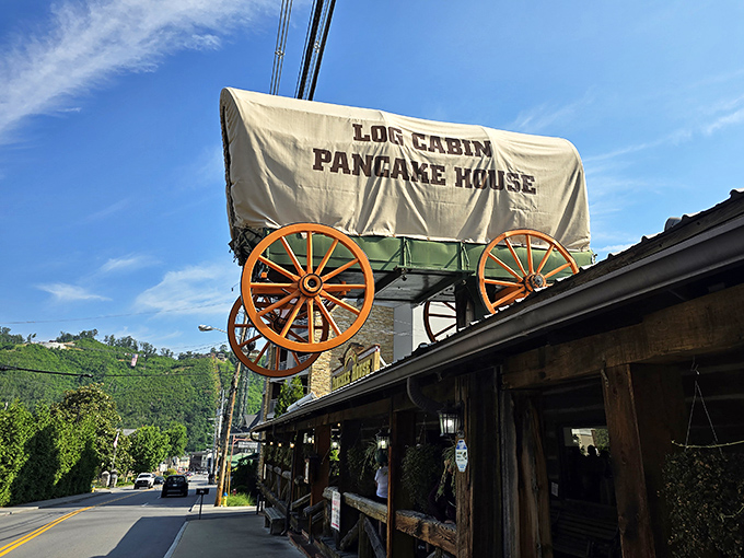 That covered wagon on the roof isn't just decoration&mdash;it's a beacon calling to hungry travelers like a breakfast lighthouse in the Smokies.