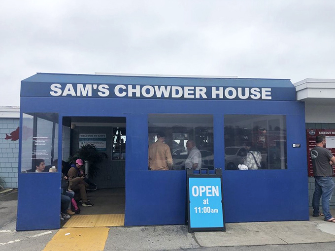 The blue facade of Sam's Chowder House stands like a beacon of seafood salvation on the Half Moon Bay coastline. Simple, unpretentious, and promising deliciousness within.