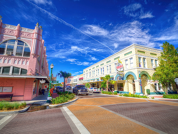 Downtown Arcadia's pastel palette pops against Florida's impossibly blue sky, like a watercolor painting that somehow learned to serve great coffee.