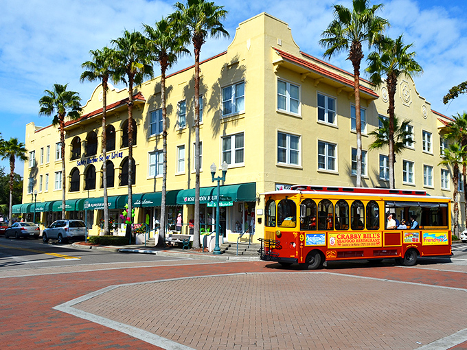 The sunny yellow fa&ccedil;ade of downtown Safety Harbor welcomes visitors with palm trees and a trolley that seems to say, "Slow down, you're on Florida time now."