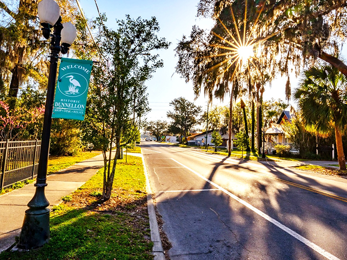 Sunlight filters through Spanish moss-draped oaks along Dunnellon's welcoming main street, where small-town charm meets Florida's natural beauty.