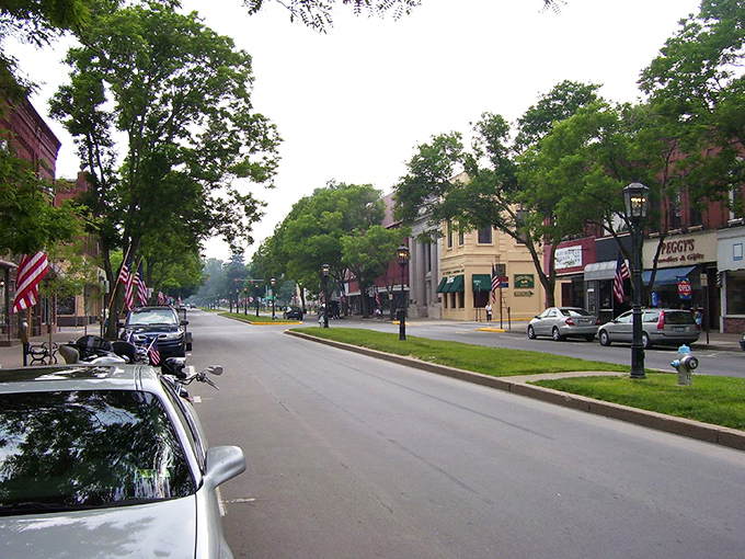 Wellsboro's Main Street feels like stepping into a Norman Rockwell painting where gas lamps and American flags create a timeless small-town atmosphere.