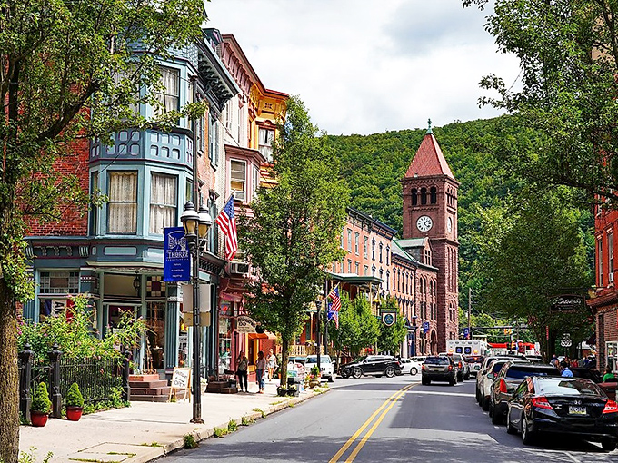 Broadway in Jim Thorpe looks like a film set where Victorian architecture meets small-town charm. The clock tower stands guard, making sure nobody rushes through this slice of preserved Americana.