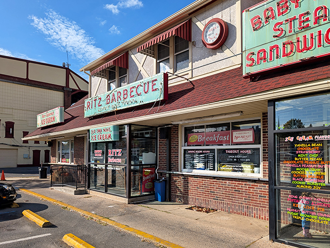 The vintage signage of Ritz Barbecue stands as a beacon of comfort food history in Allentown, promising breakfast treasures that have stood the test of time.