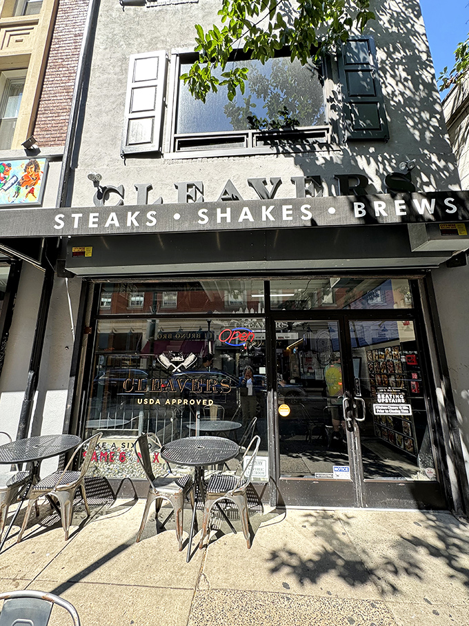 Cleavers announces its mission right on the storefront: Steaks, Shakes, Brews. The holy trinity of comfort food in Philadelphia's Rittenhouse Square.