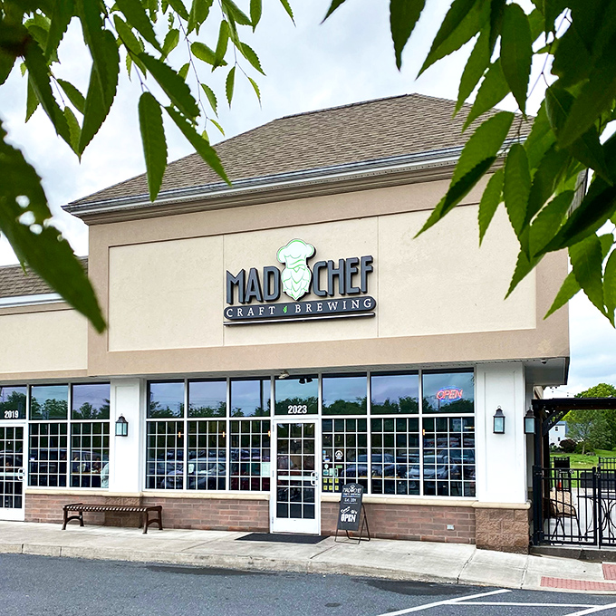 This is Mad Chef's exterior, framed by green leaves – nature's way of pointing you toward good food and exceptional beer.