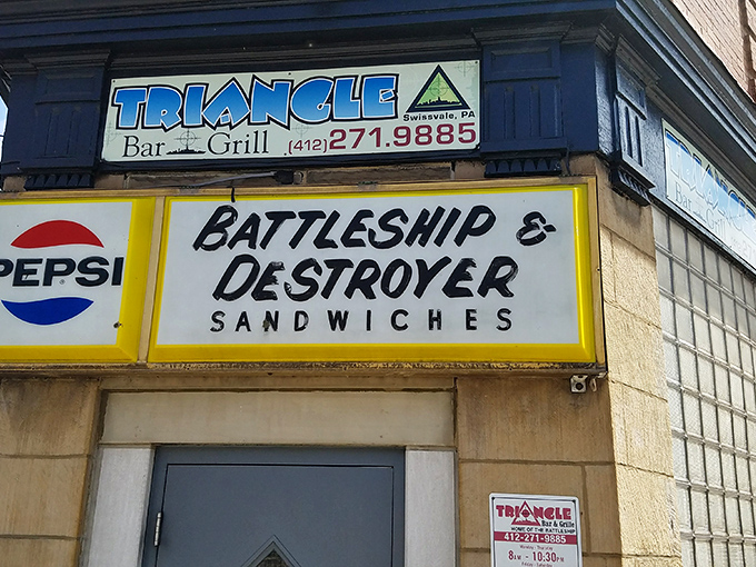 The corner beacon of Swissvale announces itself with unmistakable pride: "BATTLESHIP & DESTROYER SANDWICHES." No false advertising here, folks.