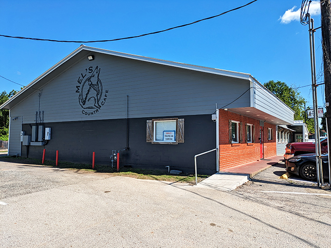 The unassuming exterior of Mel's Country Cafe proves once again that the best Texas treasures don't need fancy facades&mdash;just that red and white awning signaling "good food ahead."