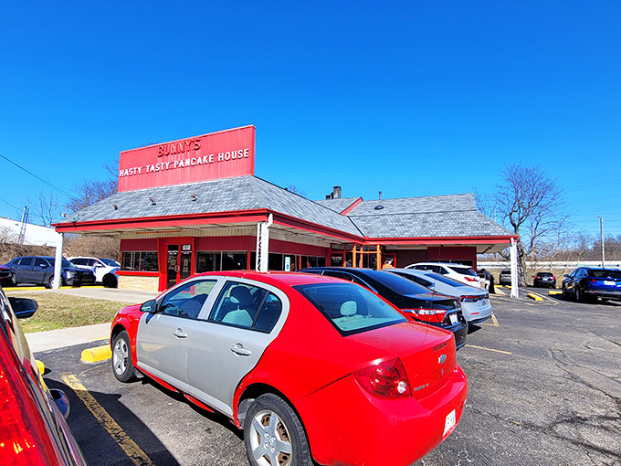 The bright red exterior of Hasty Tasty Pancake House stands like a beacon of breakfast hope in Dayton, promising comfort food that'll make your morning infinitely better.