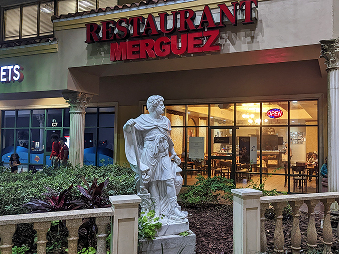 The Mediterranean-inspired fa&ccedil;ade of Merguez Restaurant stands out in Orlando like a delicious mirage, complete with classical columns and a welcoming stone balustrade.