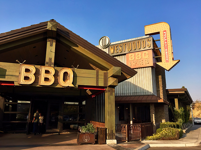 That neon sign isn't just calling you to dinner&mdash;it's practically sending up smoke signals visible from three counties away. Westwoods BBQ stands proud against the California sky.