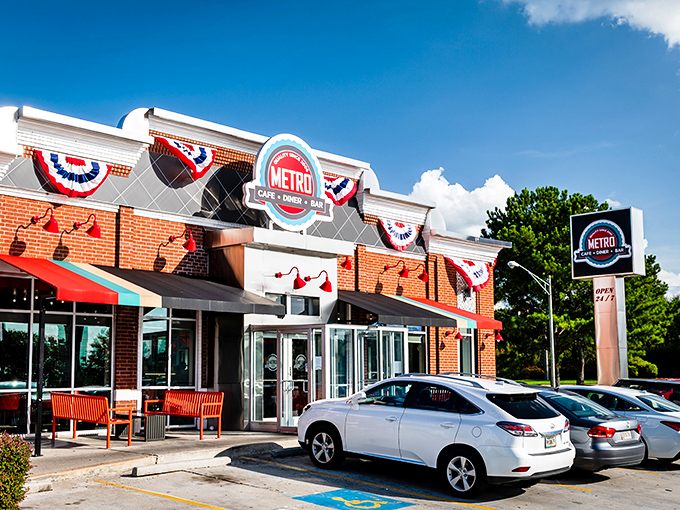 Patriotic bunting adorns this Stone Mountain gem, where the American dream comes with a side of comfort food and 24-hour service.