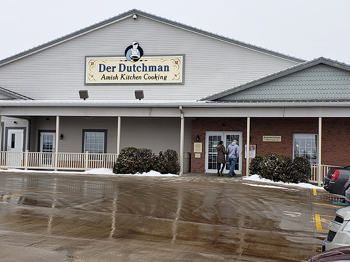 The welcoming facade of Der Dutchman stands as a beacon of comfort food promise in Walnut Creek, where Amish tradition meets hungry travelers.