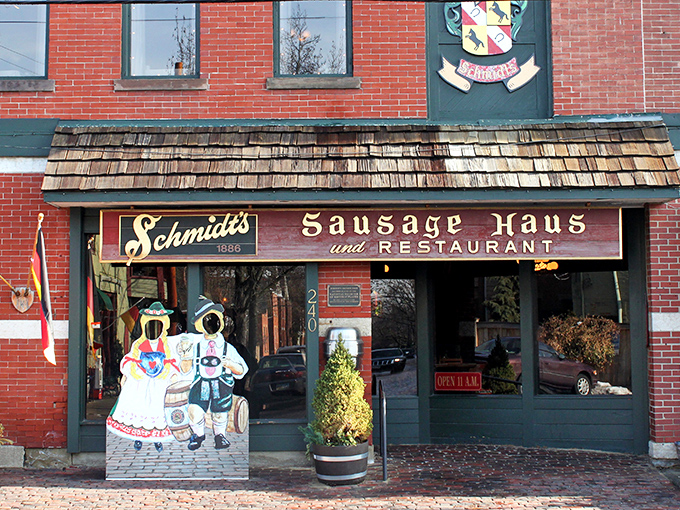 A charming cutout of a traditional German couple stands sentinel outside Schmidt's entrance, promising authentic experiences that go far beyond mere Instagram opportunities.